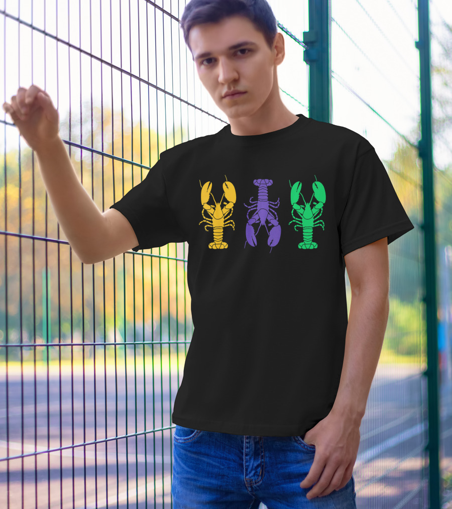Mardi Gras Yellow Purple Green Crayfish Lobsters T-Shirt