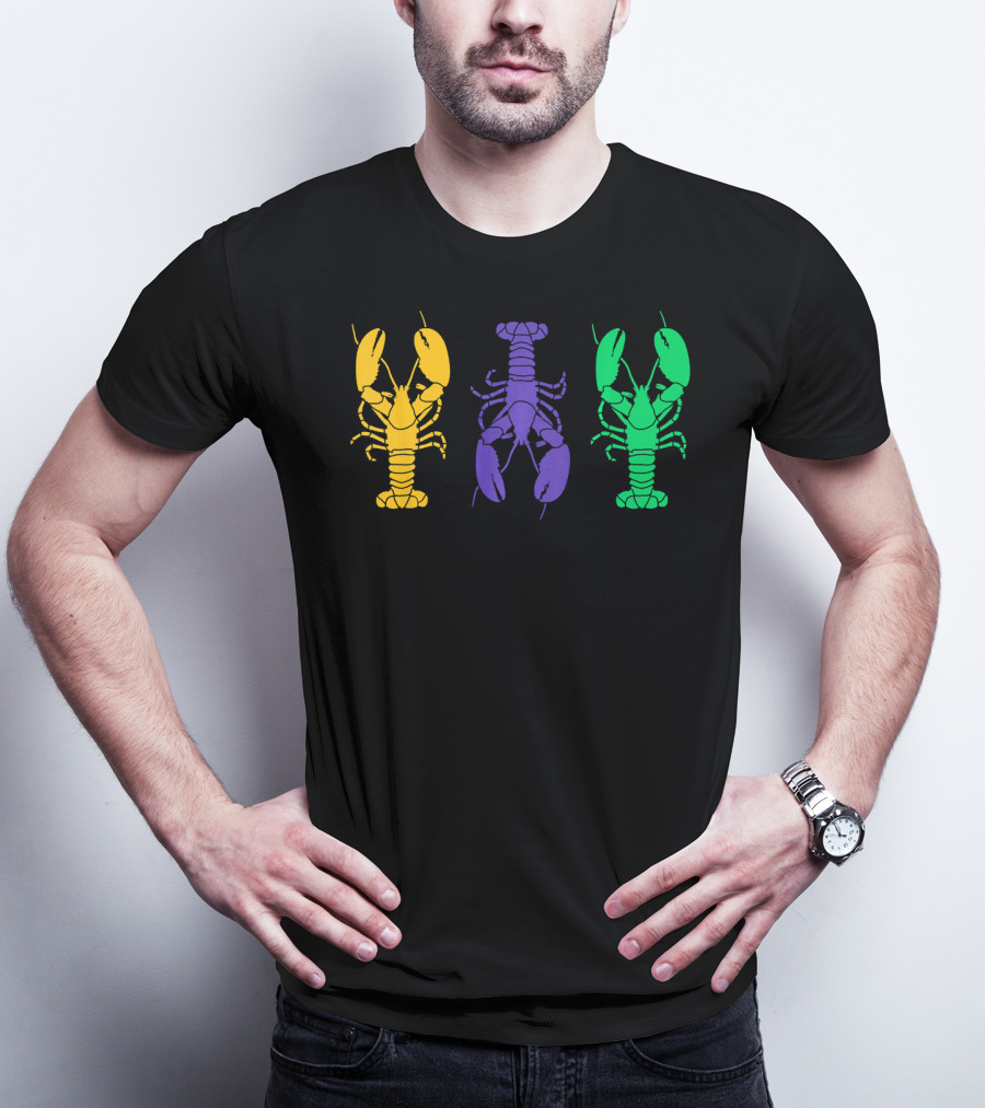 Mardi Gras Yellow Purple Green Crayfish Lobsters T-Shirt