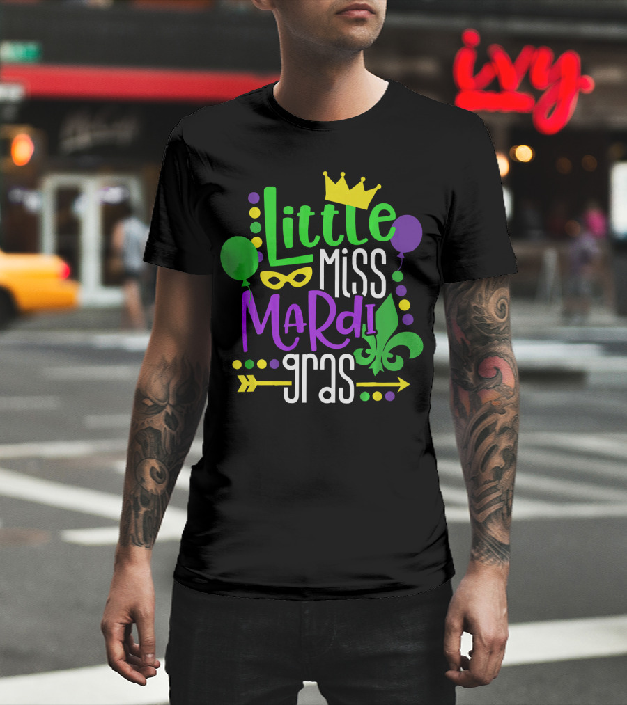 Little Miss Mardi Gras Crown Balloons Mask Fleur De Lis T-Shirt