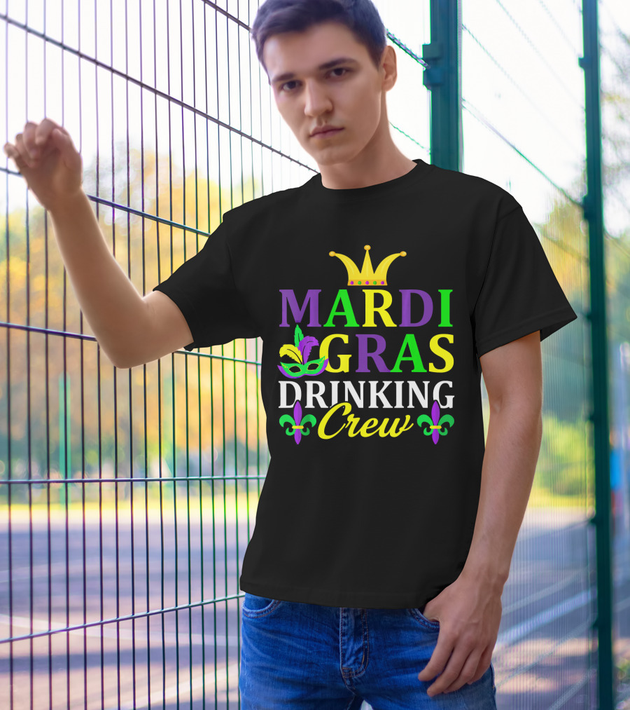 Mardi Gras Drinking Crew Mask And Crown Fleur-de-Lis T-Shirt