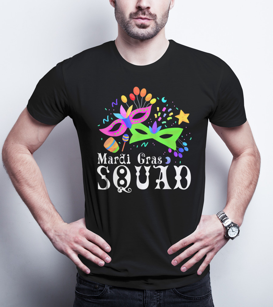 Mardi Gras Squad Mask Beads Confetti Celebration Fun T-Shirt
