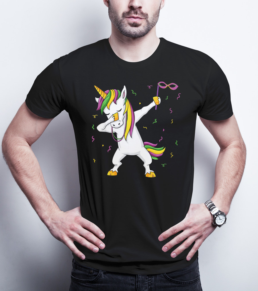 Dabbing Unicorn Mardi Gras Mask Colorful Fun Girls T-Shirt