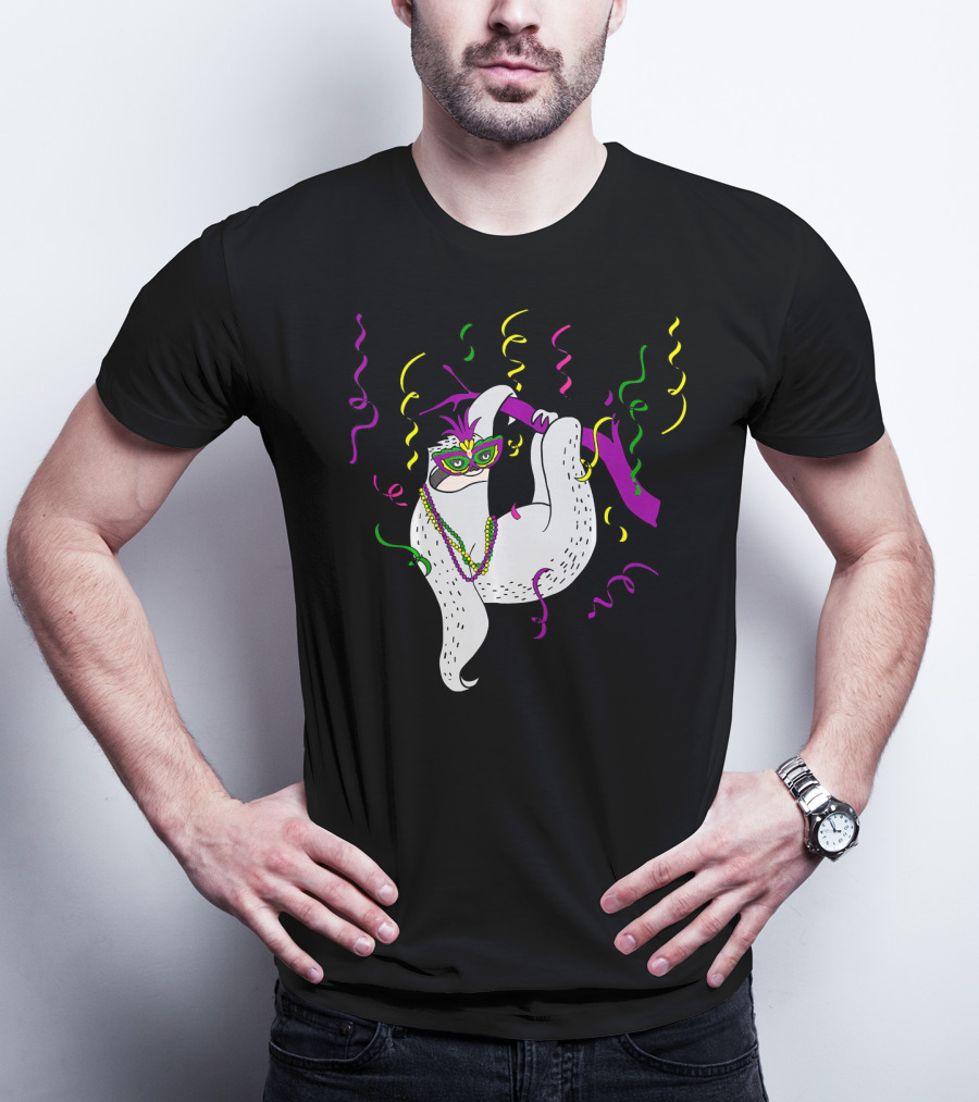 Sloth Mardi Gras Colorful Mask And Beads T-Shirt