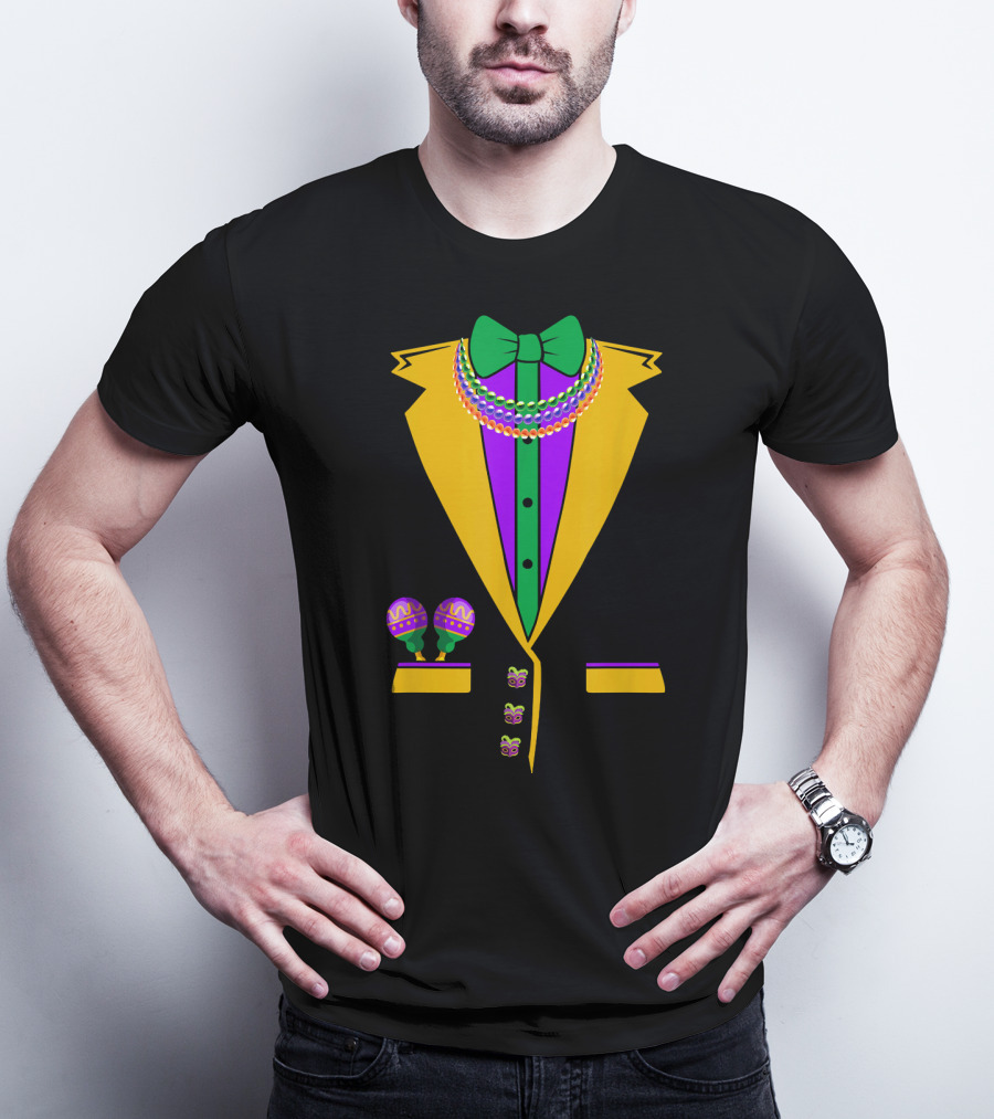 Tuxedo Vest Mardi Gras Beads Bowtie Maracas Costume T-Shirt