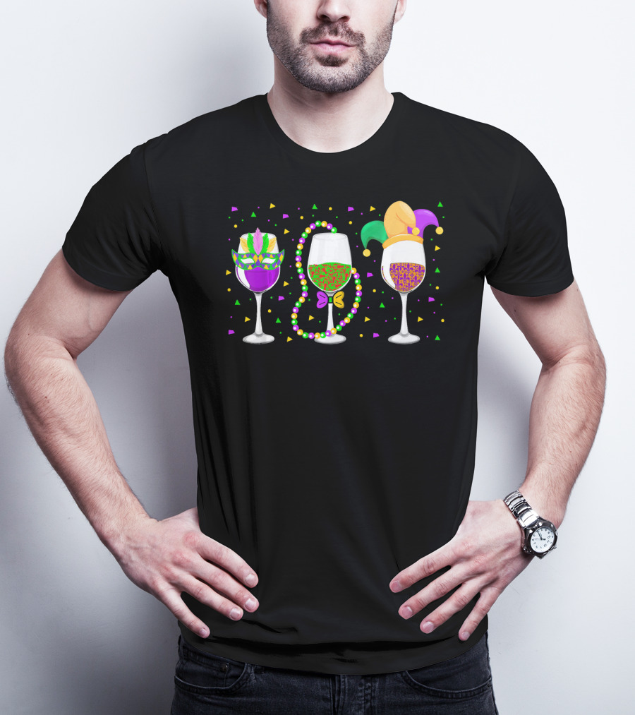 Pour Me Something Mister Funny Mardi Gras Wine Glasses Jester Beads Mask T-Shirt