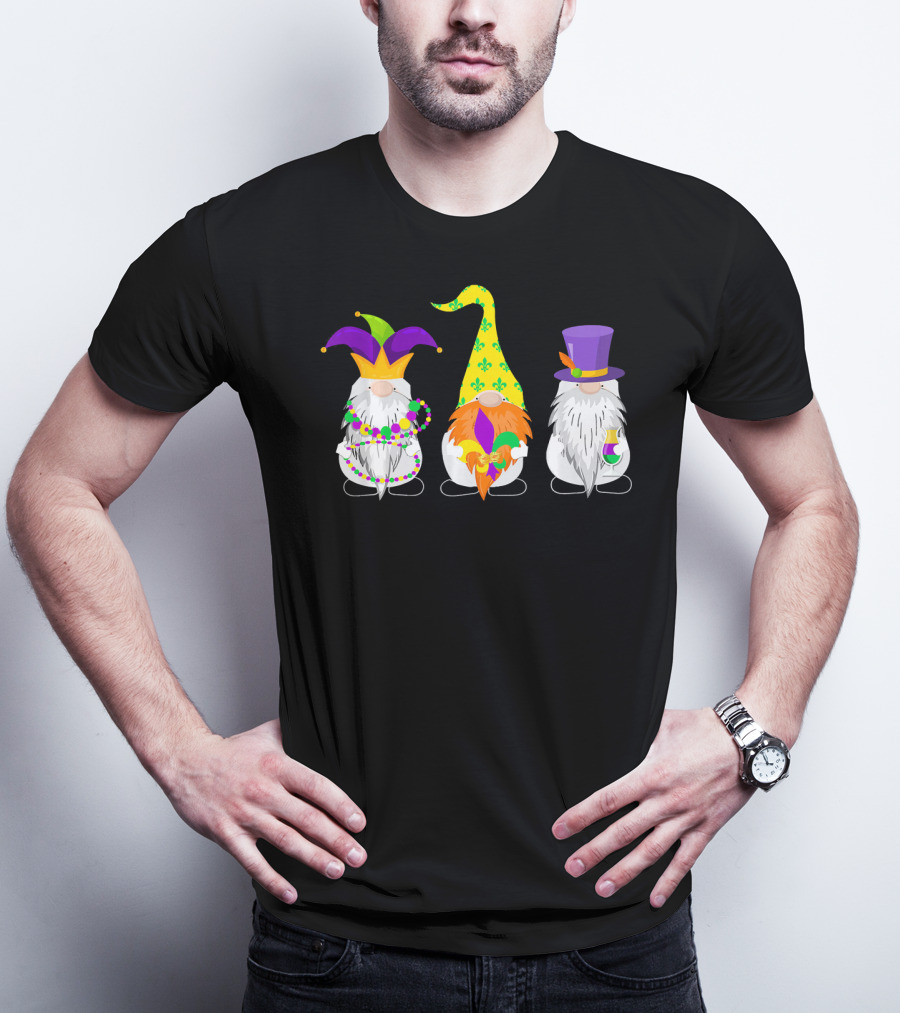 Cute Nordic Three Gnomes Mardi Gras Jester Beads Hats Fleur-de-Lis T-Shirt
