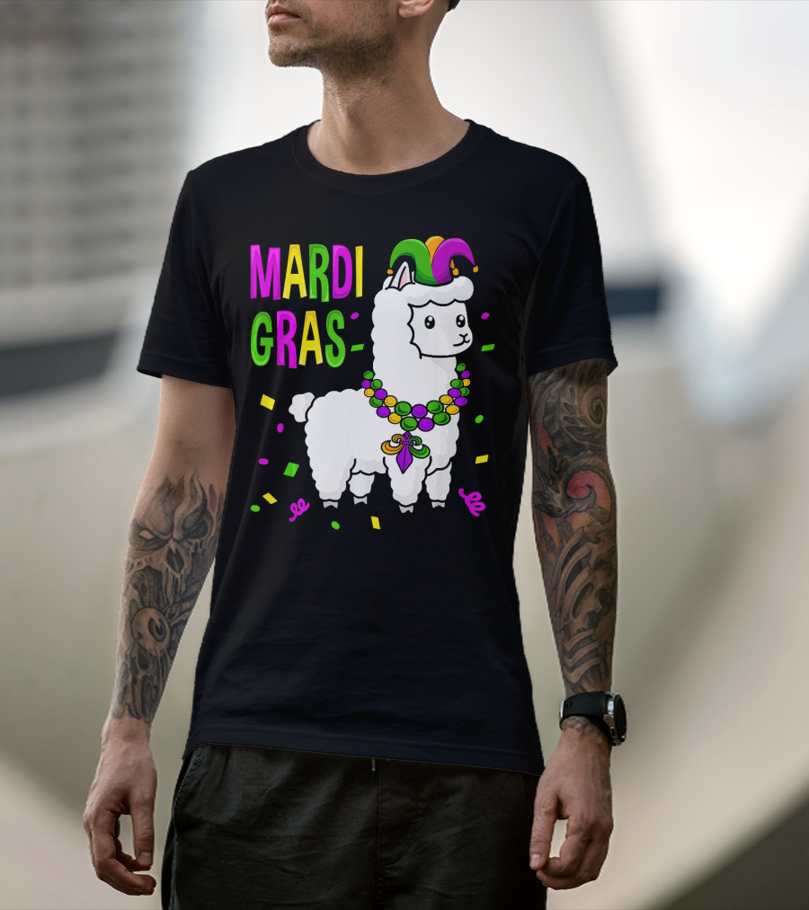 Mardi Gras Llama Jester New Orleans Beads Confetti T-Shirt