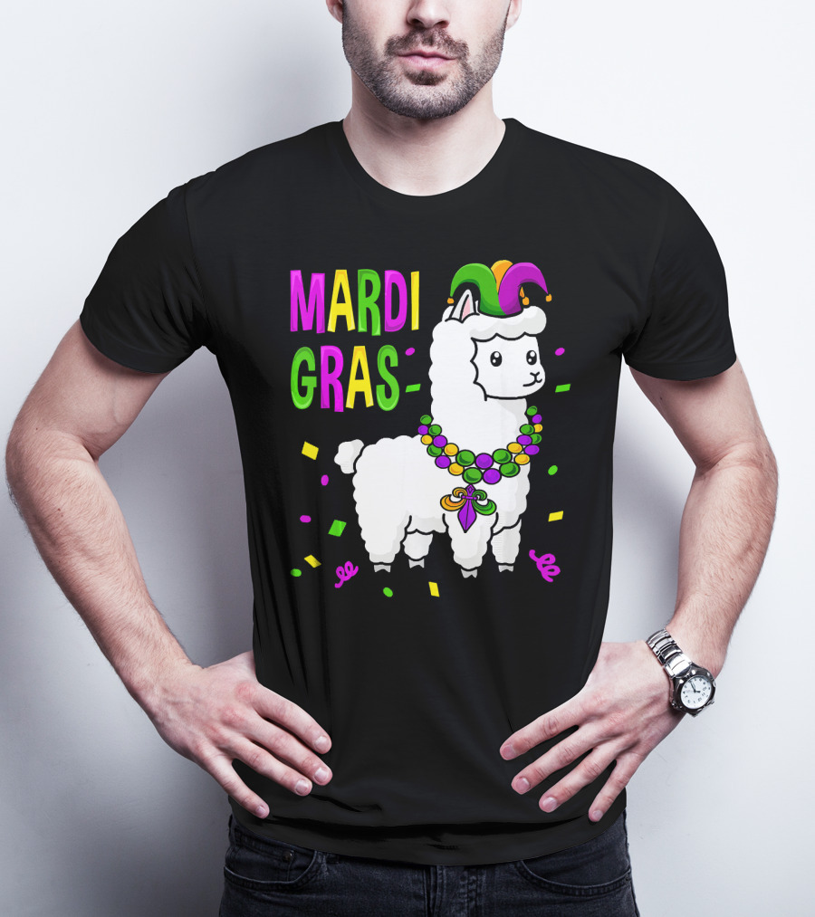 Mardi Gras Llama Jester New Orleans Beads Confetti T-Shirt