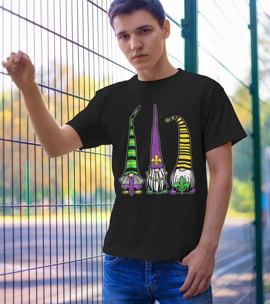 Cute Gnomes Mardi Gras Tuesday Gnome Bea Festival Fleur De Lis T-Shirt