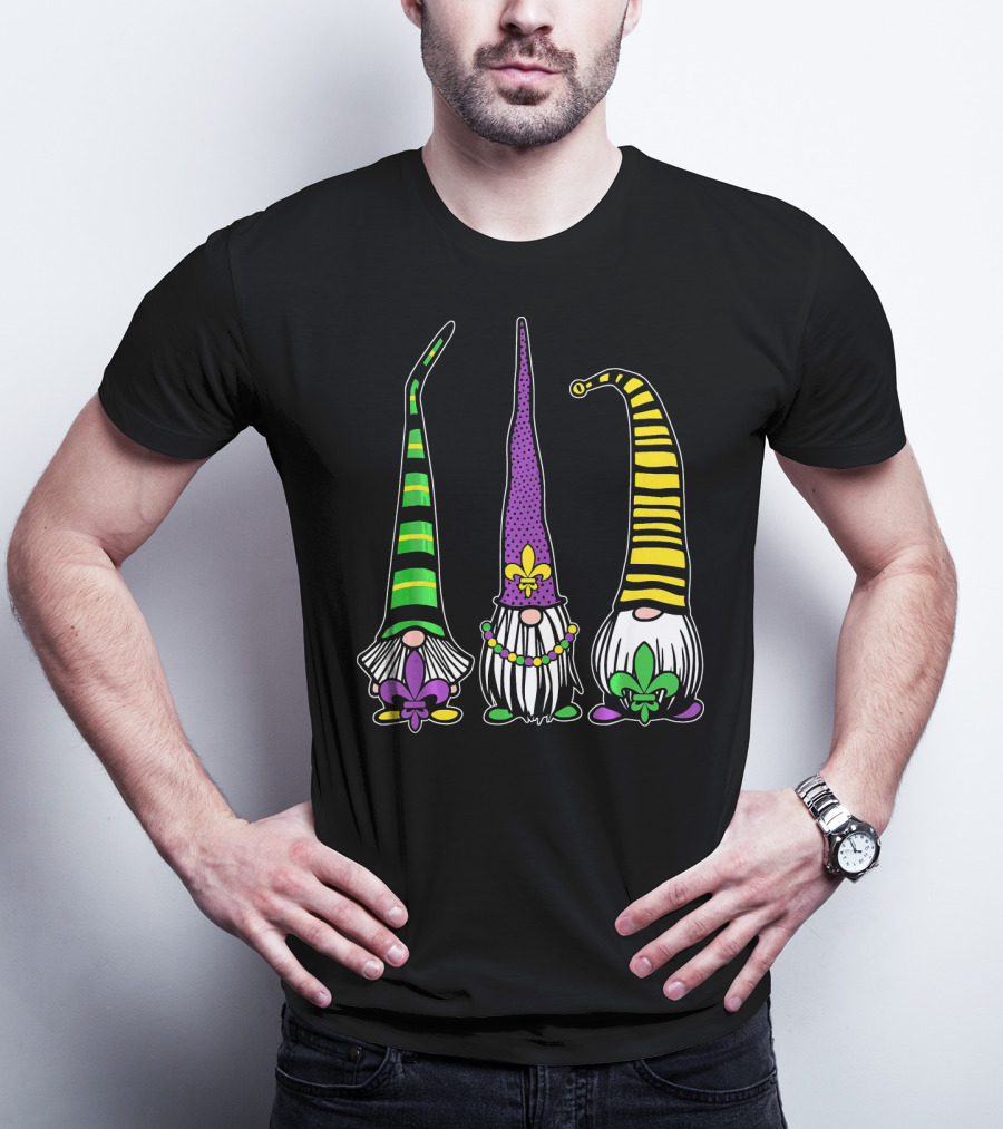 Cute Gnomes Mardi Gras Tuesday Gnome Bea Festival Fleur De Lis T-Shirt