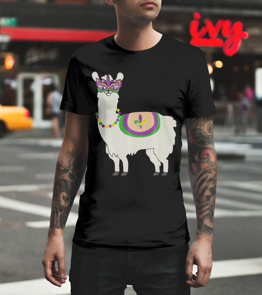 Mardi Gras Llama With Fleur-de-Lis Beads And Mask For Funny Carnival Party T-Shirt