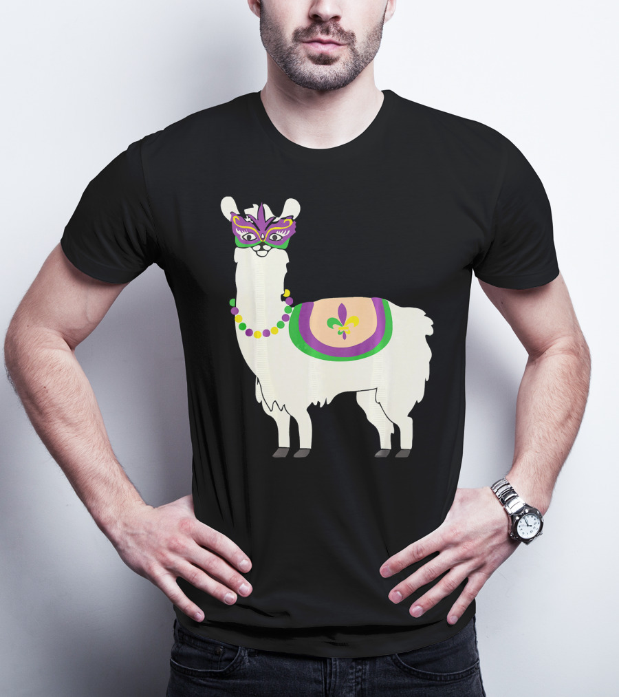 Mardi Gras Llama With Fleur-de-Lis Beads And Mask For Funny Carnival Party T-Shirt