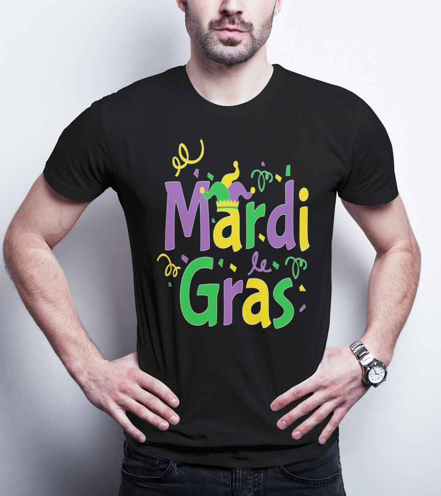 Mardi Gras Party Colorful Celebration With Jester Hat And Confetti T-Shirt