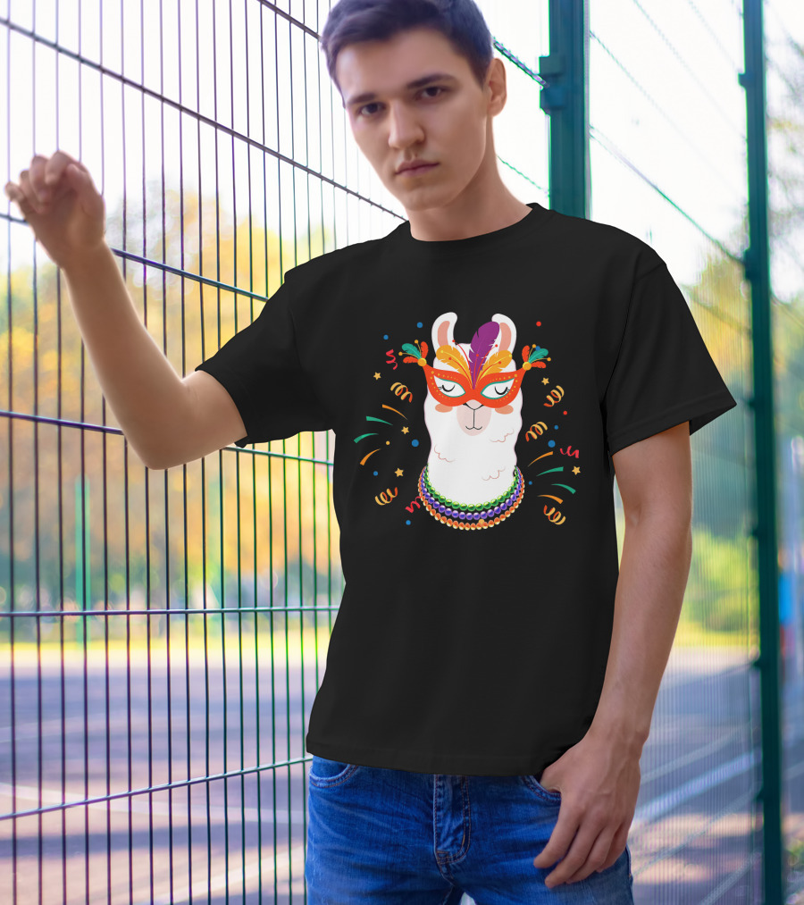 Llama Mardi Gras Mask Beads Festive T-Shirt
