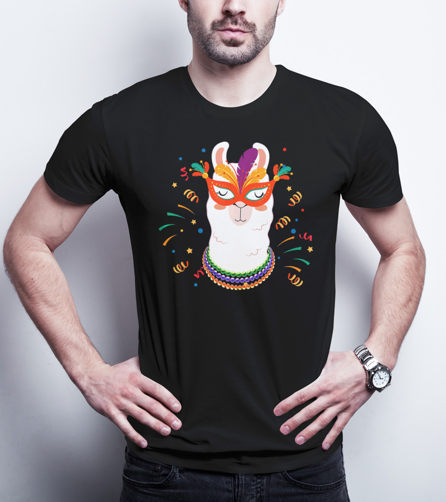 Llama Mardi Gras Mask Beads Festive T-Shirt