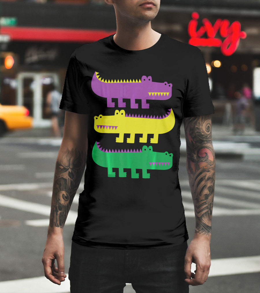 Mardi Gras Happy Alligator Crocodile Fun Purple Yellow Green Trio T-Shirt