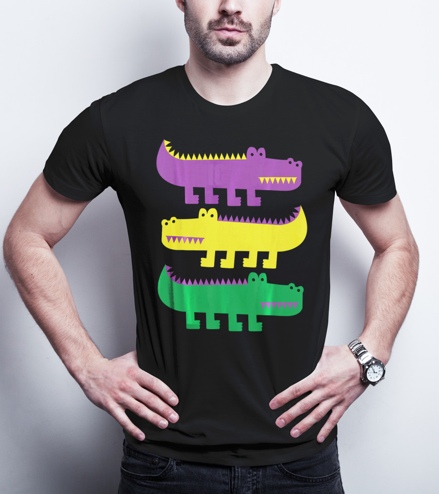 Mardi Gras Happy Alligator Crocodile Fun Purple Yellow Green Trio T-Shirt