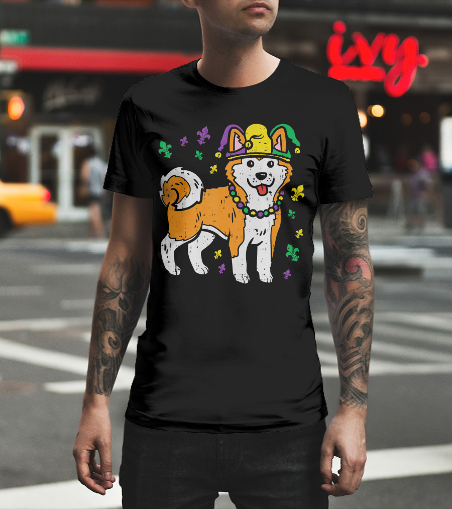 Jester Shiba Inu Akita Japanese Dog Mardi Gras Fleur-de-Lis T-Shirt