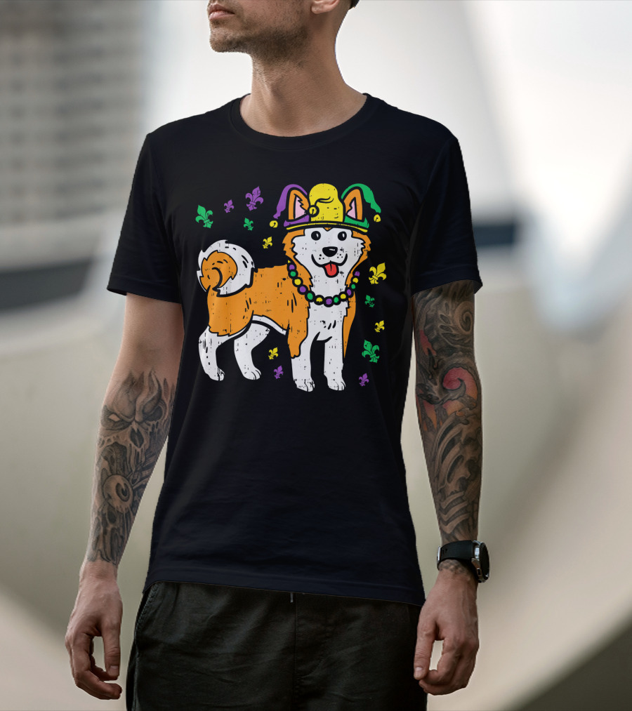 Jester Shiba Inu Akita Japanese Dog Mardi Gras Fleur-de-Lis T-Shirt