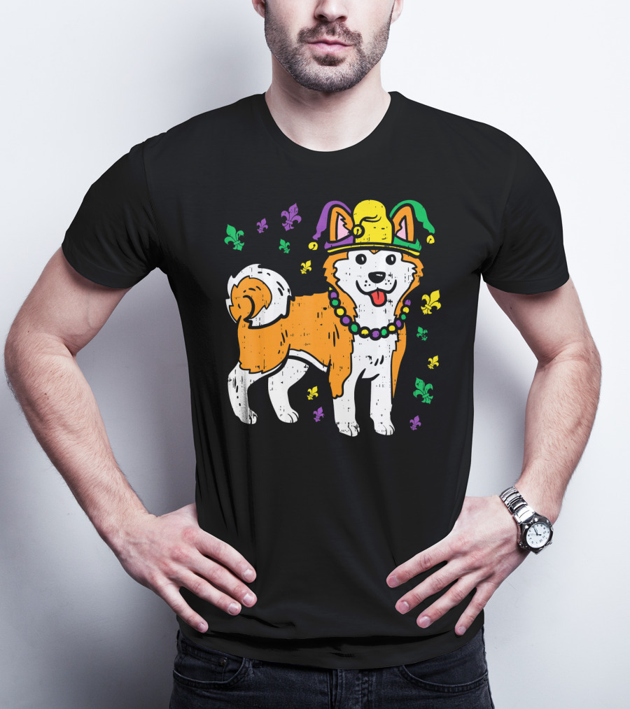 Jester Shiba Inu Akita Japanese Dog Mardi Gras Fleur-de-Lis T-Shirt