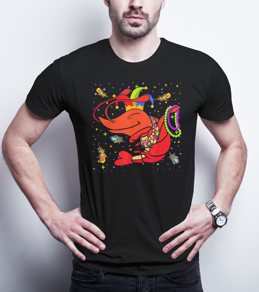 Dabbing Crawfish With Beads And Jester Hat Mardi Gras T-Shirt