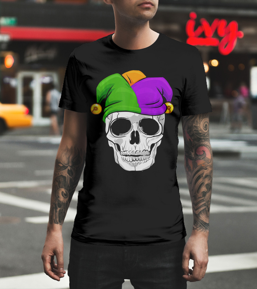 Mardi Gras New Orleans Skull With Colorful Jester Hat T-Shirt