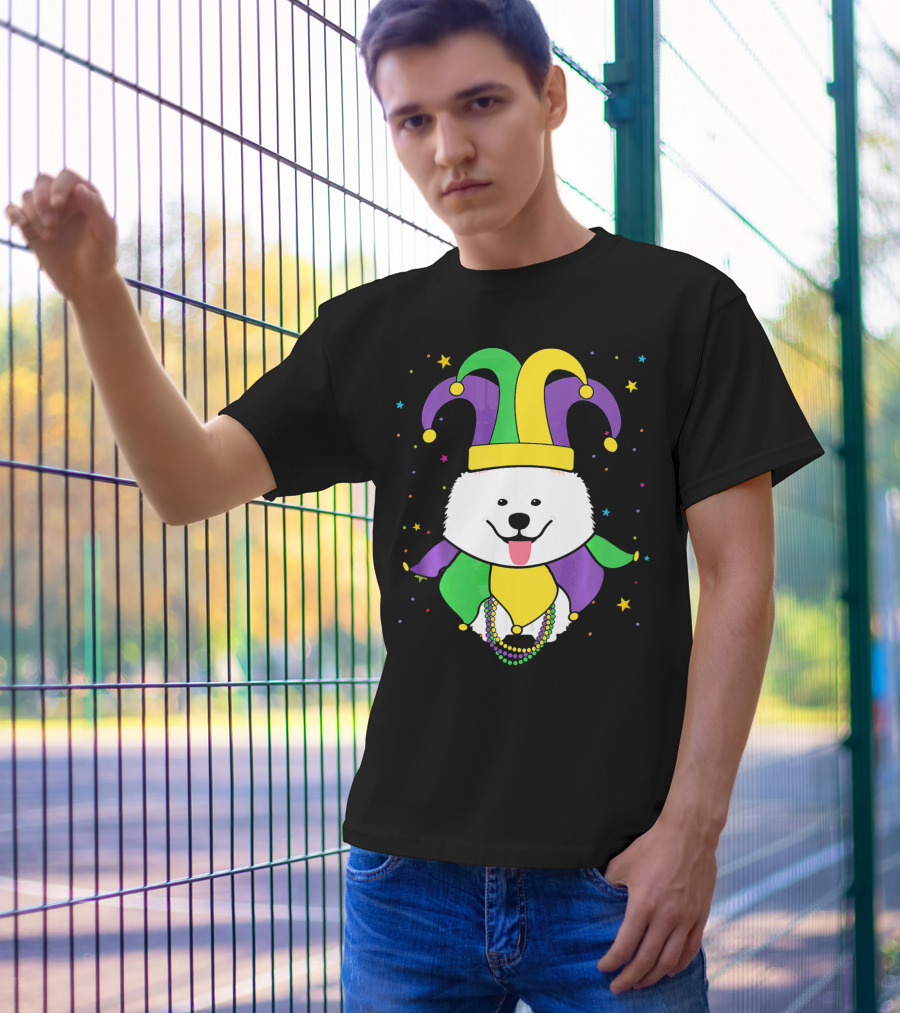 Funny Samoyed With Jester Hat And Mardi Gras Colors T-Shirt