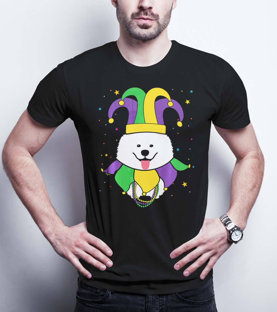 Funny Samoyed With Jester Hat And Mardi Gras Colors T-Shirt