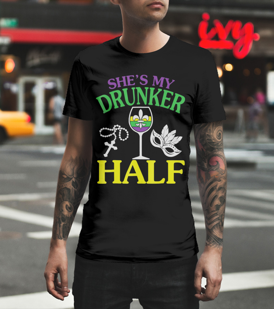 SHE'S MY DRUNKER HALF Fleur-de-Lis Wine Glass Beads Mask T-Shirt