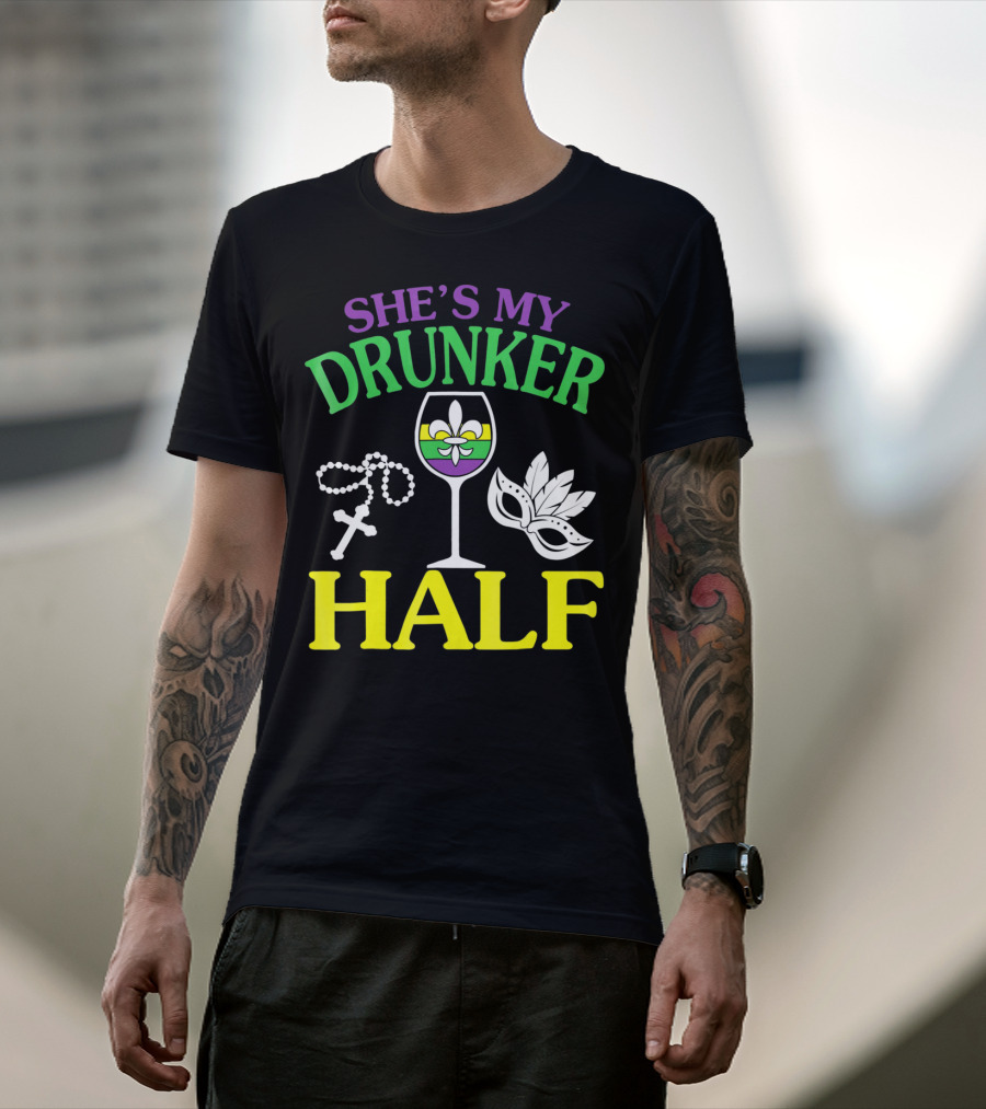SHE'S MY DRUNKER HALF Fleur-de-Lis Wine Glass Beads Mask T-Shirt