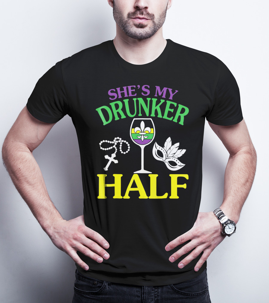 SHE'S MY DRUNKER HALF Fleur-de-Lis Wine Glass Beads Mask T-Shirt