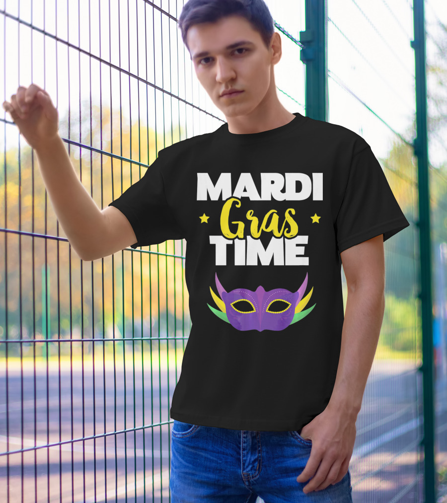 Mardi Gras Time Mask With Stars And Purple Yellow Green Elements T-Shirt