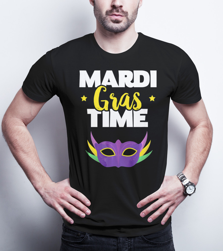 Mardi Gras Time Mask With Stars And Purple Yellow Green Elements T-Shirt