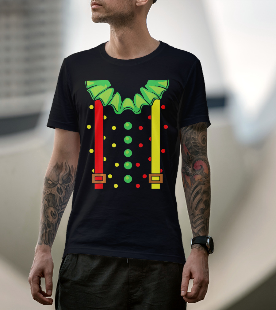 Funny Red And Yellow Suspenders With Green Jester Collar Clown T-Shirt