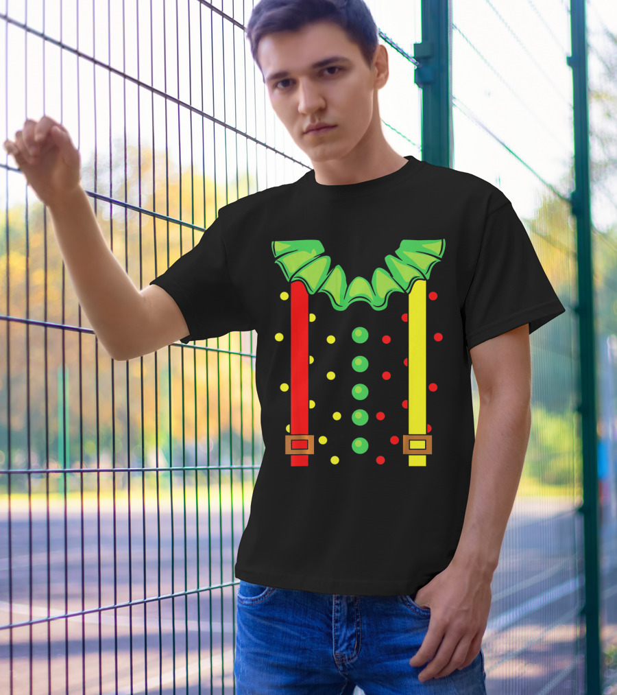 Funny Red And Yellow Suspenders With Green Jester Collar Clown T-Shirt