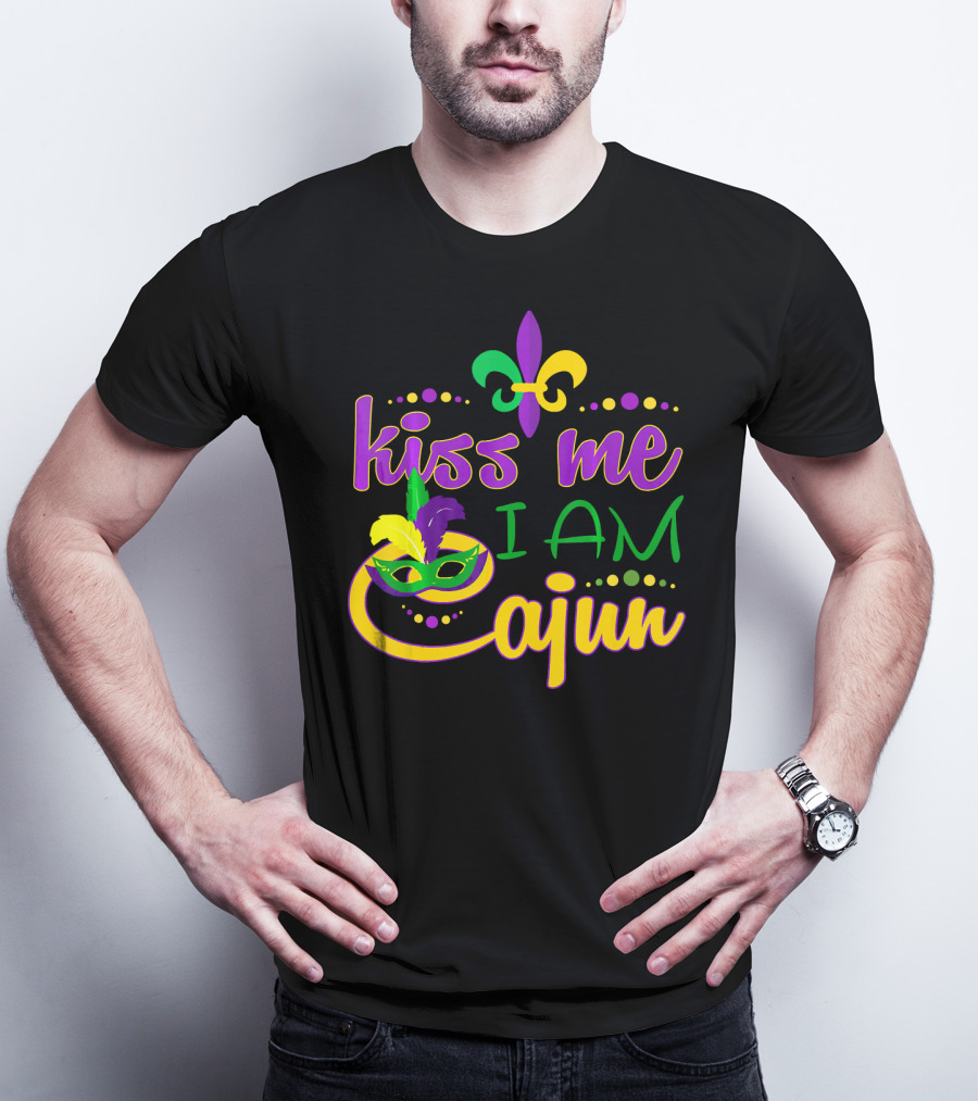 Kiss Me I Am Cajun Mardi Gras Mask Fleur De Lis T-Shirt