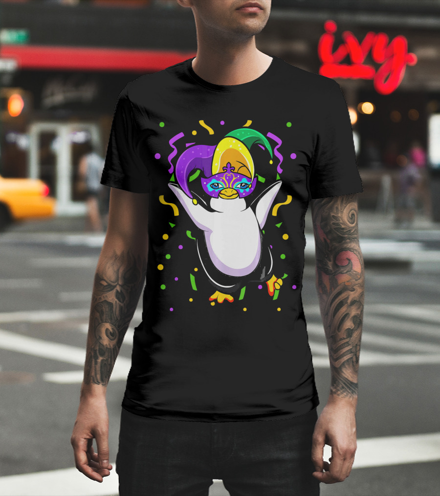 Mardi Gras Penguin With Colorful Jester Hat And Mask T-Shirt