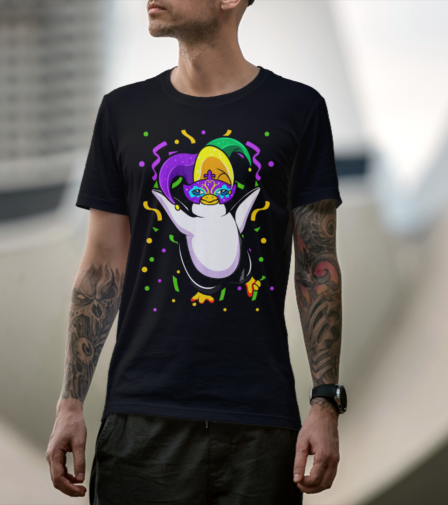 Mardi Gras Penguin With Colorful Jester Hat And Mask T-Shirt