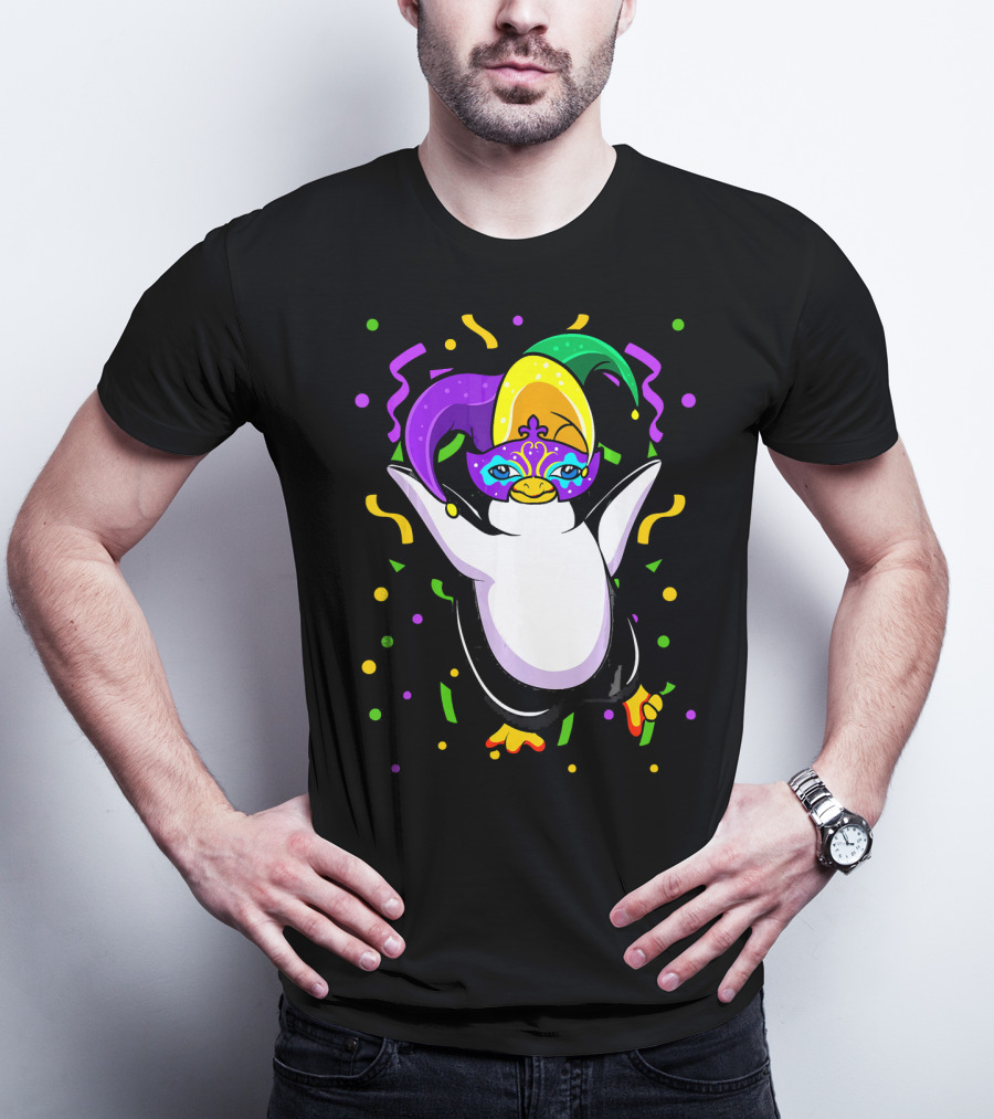 Mardi Gras Penguin With Colorful Jester Hat And Mask T-Shirt