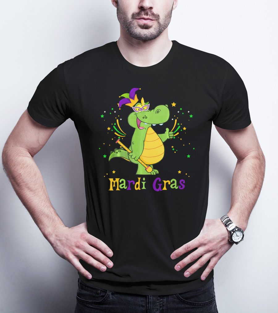 Mardi Gras Alligator With Mask And Star Accents T-Shirt