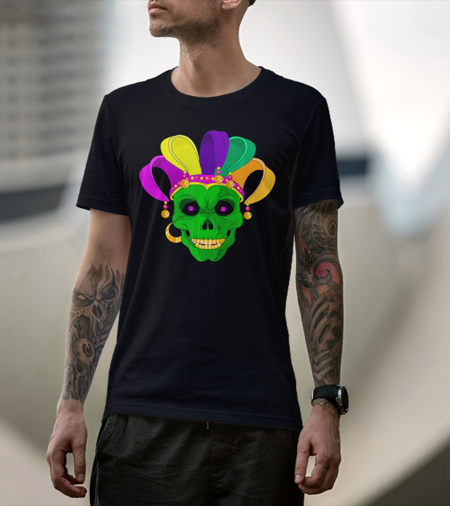 Skull Face Green Jester Hat Mardi Gras T-Shirt