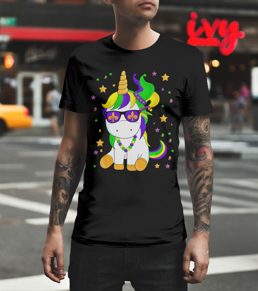 Mardi Gras Unicorn Kid Carnival Stars Fleur-de-Lis Beads T-Shirt