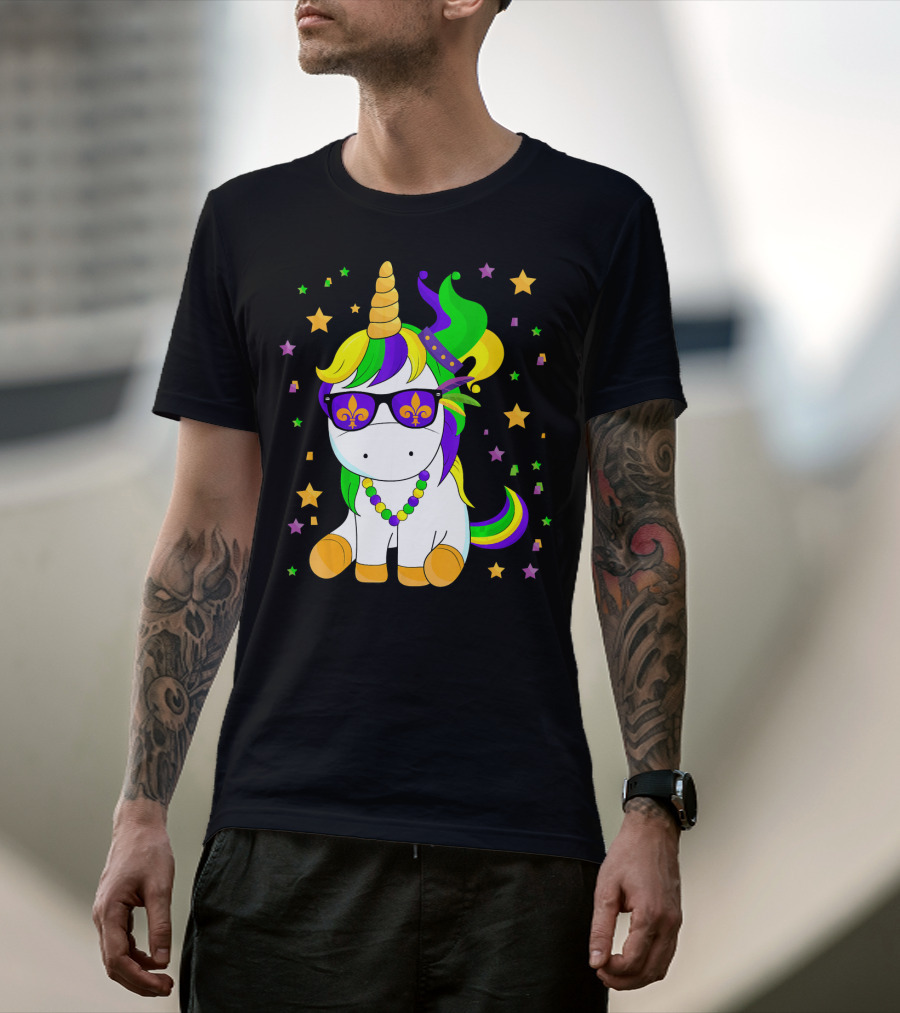 Mardi Gras Unicorn Kid Carnival Stars Fleur-de-Lis Beads T-Shirt
