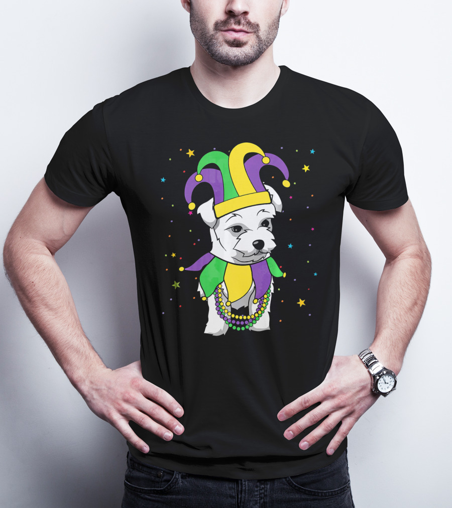 Havanese Dog Jester Hat Mardi Gras Beads Funny Stars T-Shirt