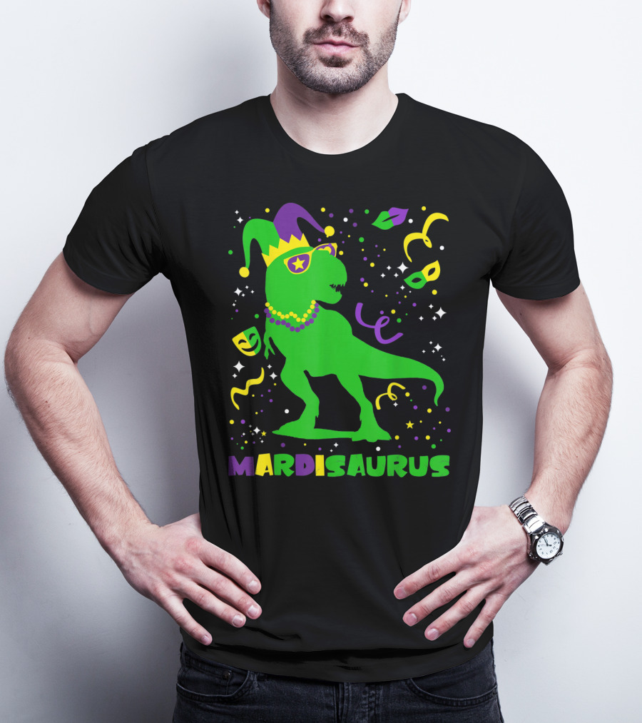 Mardi Gras Dinosaur Mardisaurus Jester Hat Beads Masks Party T-Shirt