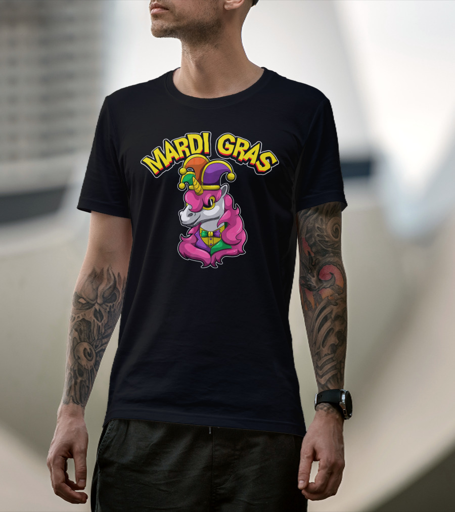Mardi Gras Unicorn In Jester Hat With Colorful Costume T-Shirt