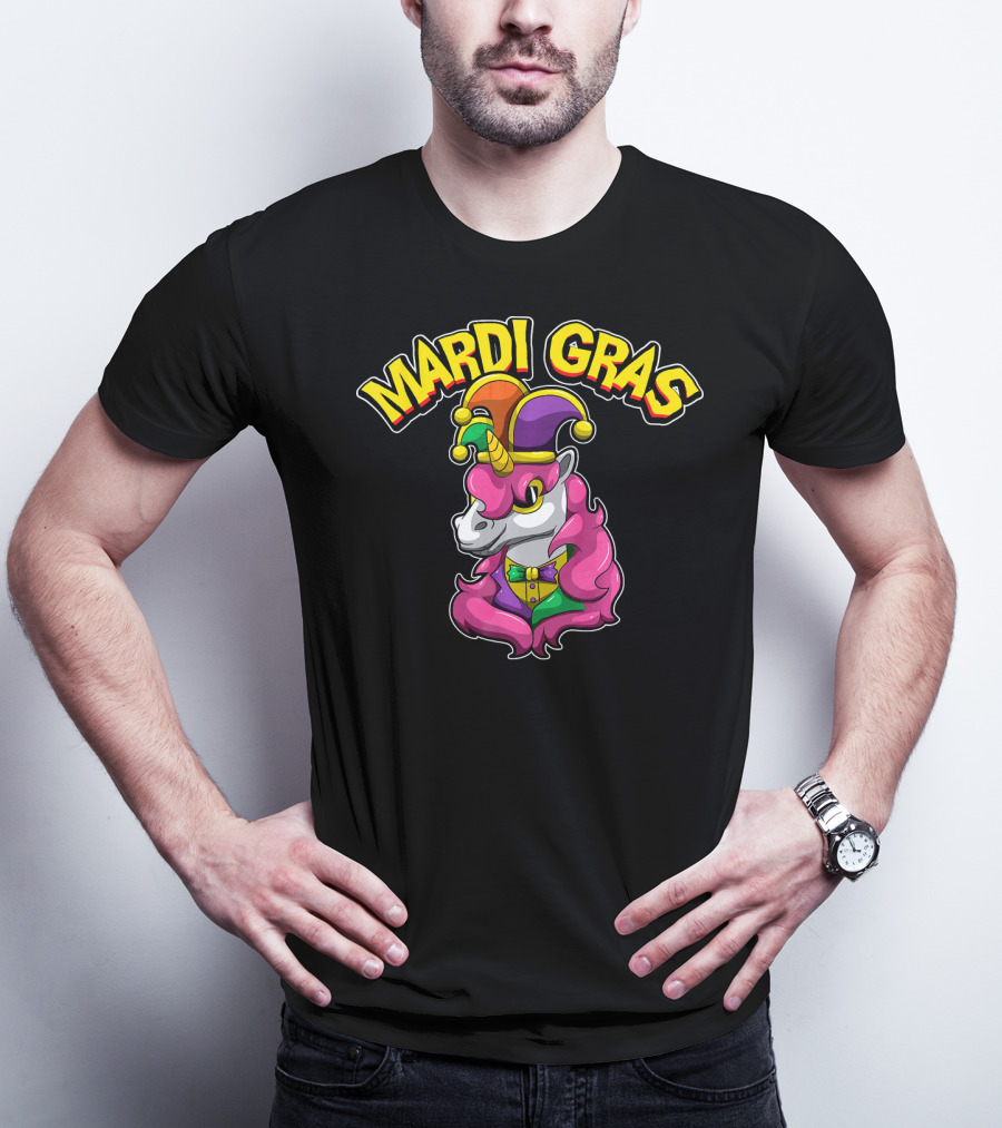 Mardi Gras Unicorn In Jester Hat With Colorful Costume T-Shirt