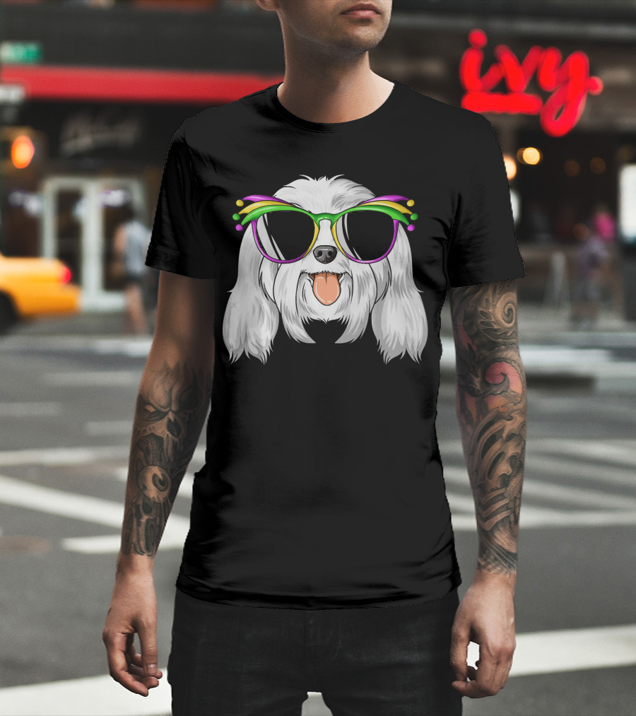 Maltese Dog With Mardi Gras Carnival Mask And Sunglasses T-Shirt