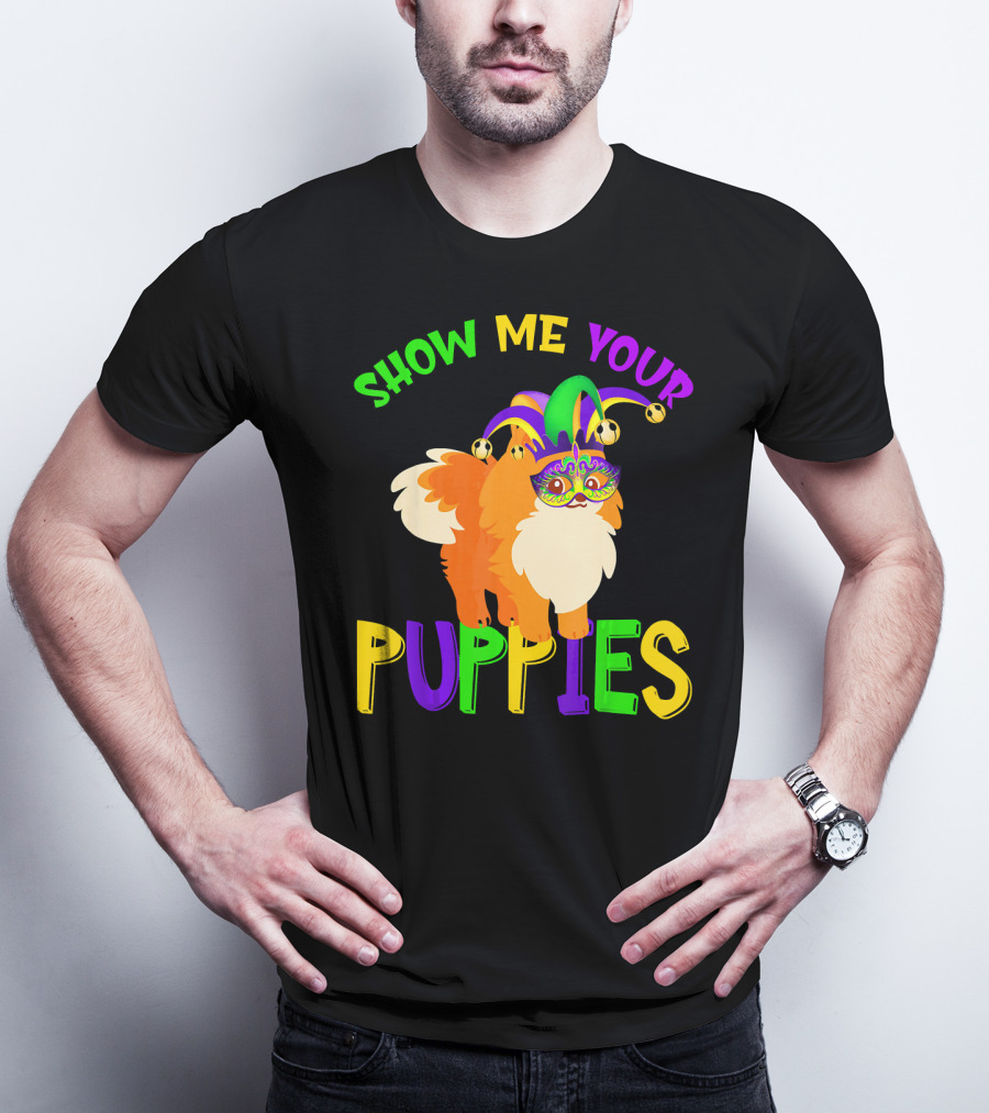 Show Me Your Puppies Pomeranian Jester Mask Colorful Fun T-Shirt