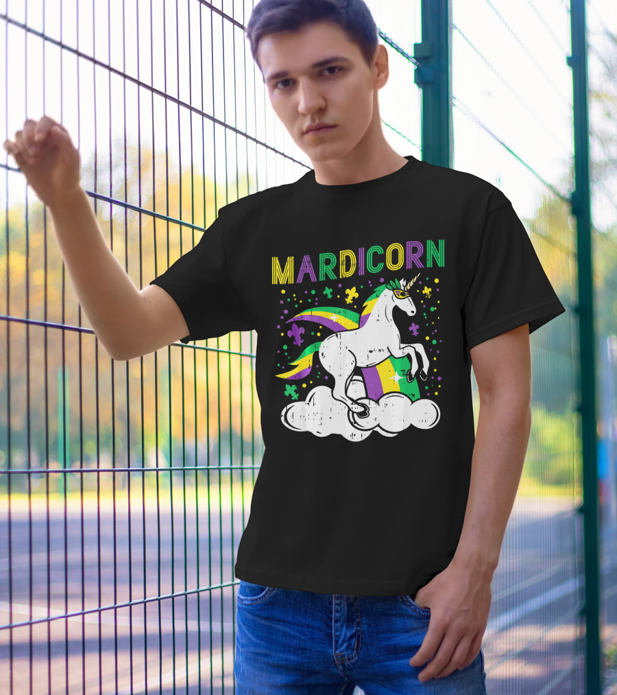 Mardicorn Retro Unicorn Jester Animal Mardi Gras Fleur-de-Lis Clouds T-Shirt